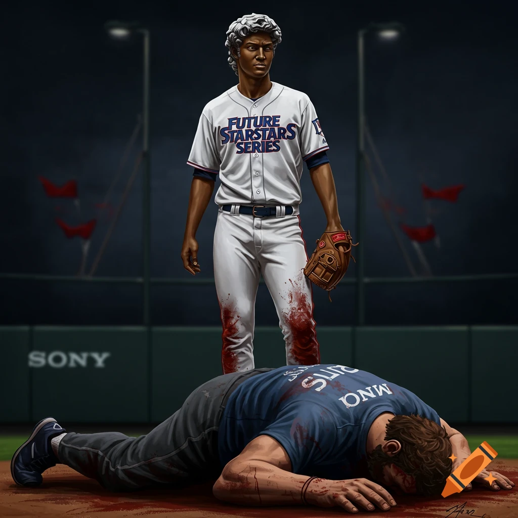 David standing over bloodied Goliath in baseball uniform on Craiyon