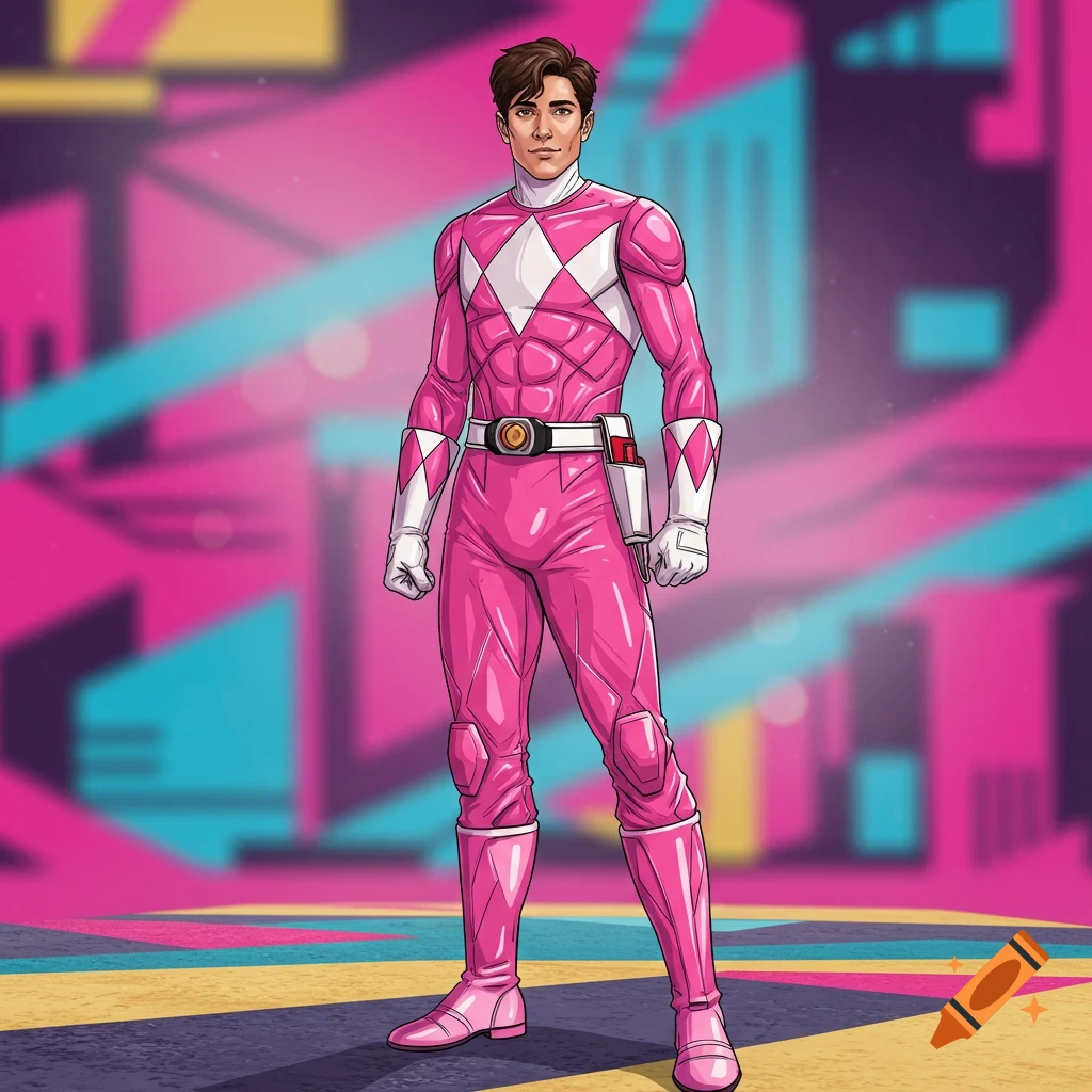 Person in a cheetah Power Ranger suit posing in a cityscape on Craiyon