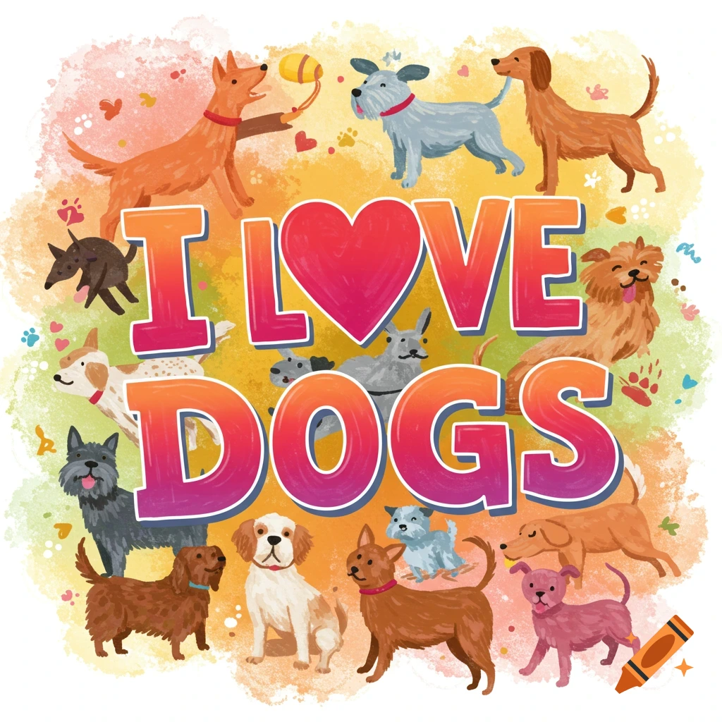 Colorful digital illustration with 'I LOVE DOGS' text and various dogs. on Craiyon