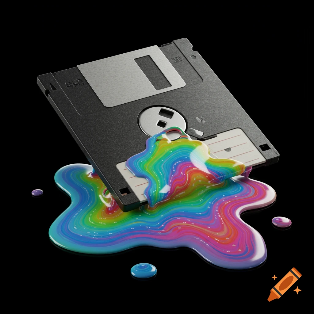 A floppy disk melts into a puddle of colorful rainbow liquid. on Craiyon