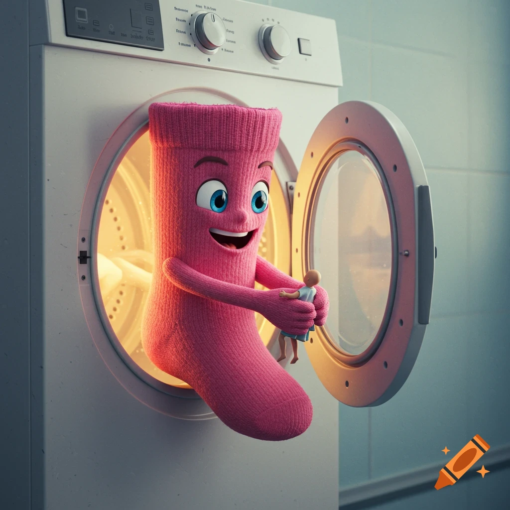Anthropomorphic sock rescuing a tiny human from a dryer on Craiyon