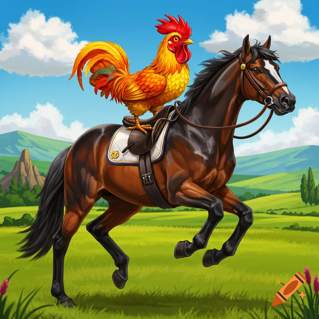 An orange cat with green eyes rides a brown horse through a green field ...