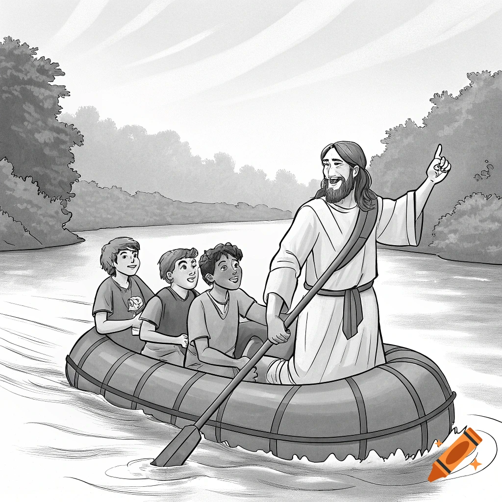 Black and white clip art of Jesus and three young boys on a river raft ...