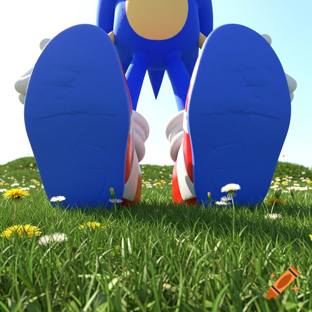 Sonic the Hedgehog's large feet seen from a low angle in grass on Craiyon