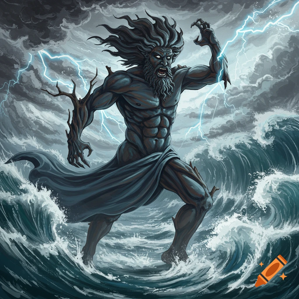 Muscular mythological figure with long hair running through storm waves ...