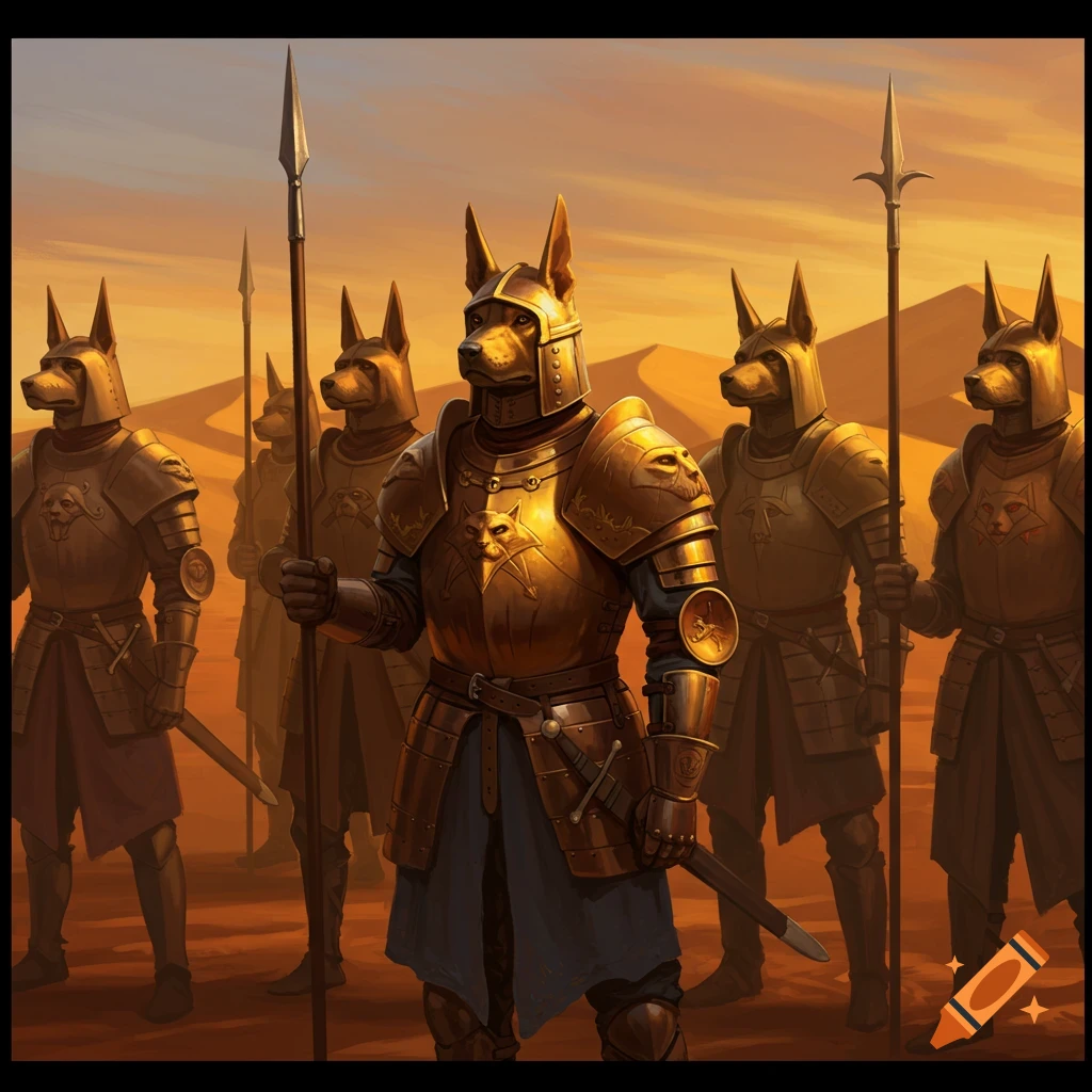 Dog-headed fantasy desert guards in golden armor. on Craiyon