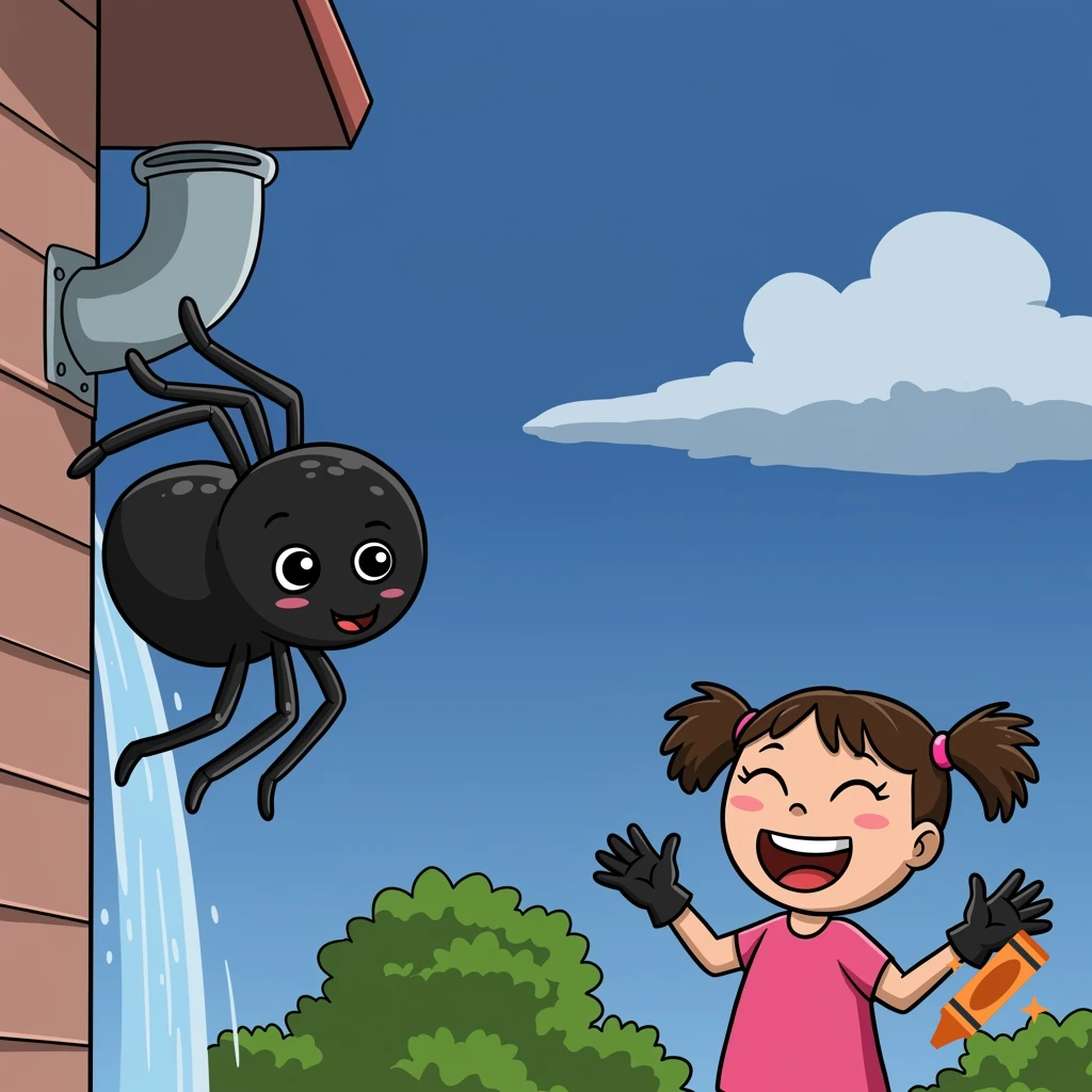Cartoon of a black spider climbing a waterspout while a girl sings Itsy ...