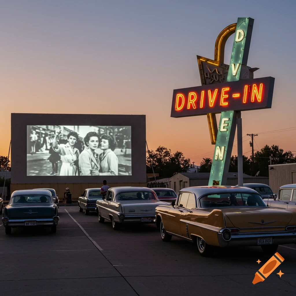 Vintage drive-in movie theater with classic cars watching a movie on a ...