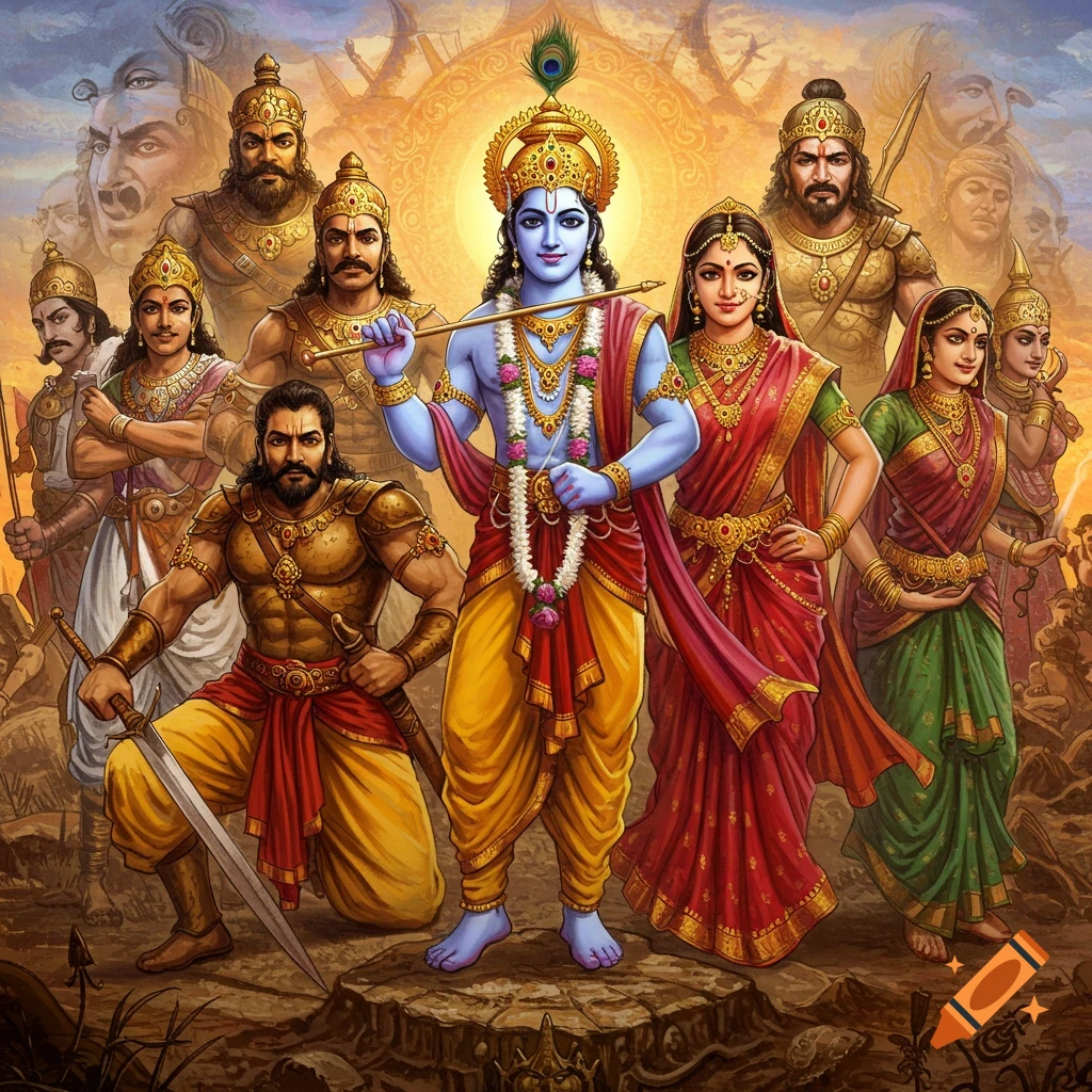 Characters from the Mahabharata including Krishna, Arjuna, and others ...