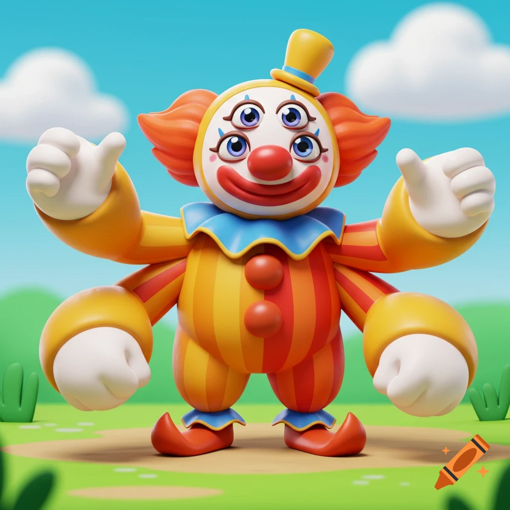 Cute video game clown avatar with four eyes and four arms on Craiyon