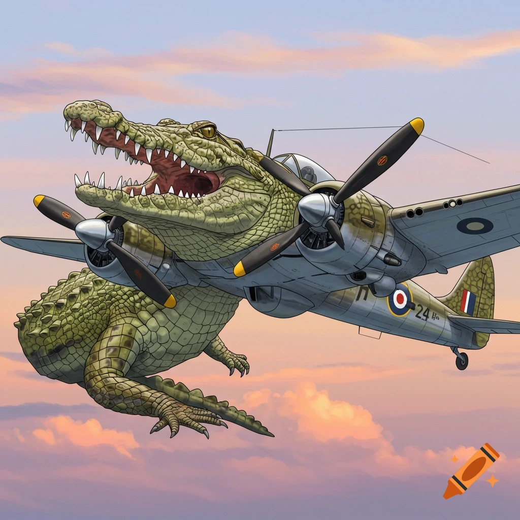 Illustration of a plane with a crocodile head and scales flying in a ...