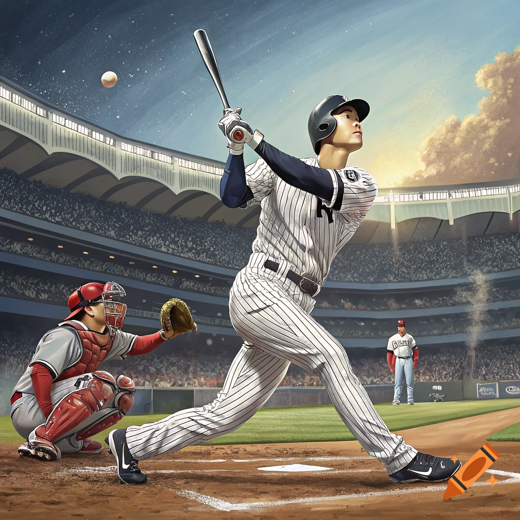 Baseball player hitting a home run off Ohtani in Yankee uniform on Craiyon