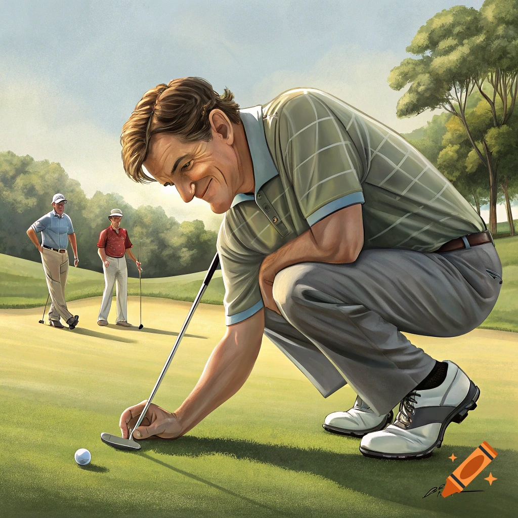 Illustration of a golfer swinging a club on a course. on Craiyon