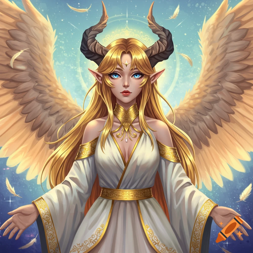 Anime style golden haired female Nephilim with wings and horns on Craiyon