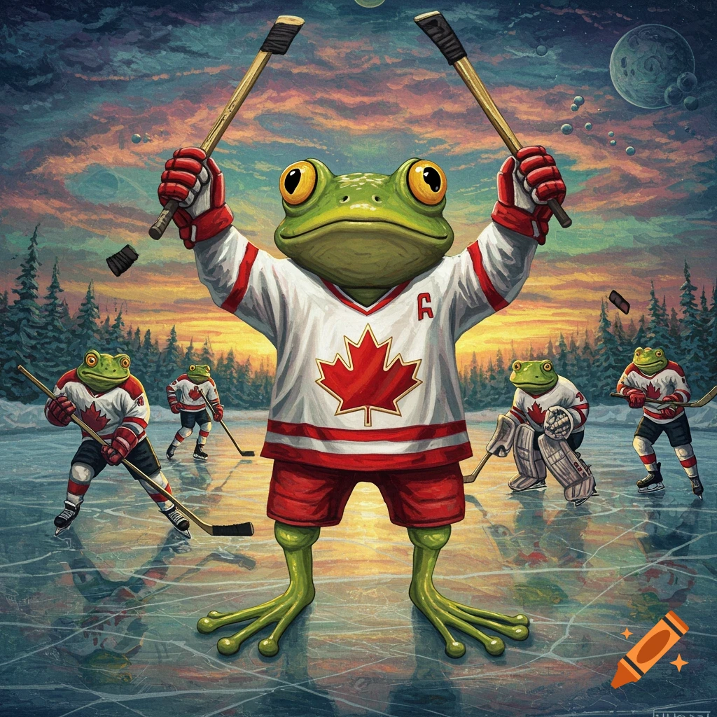 Surreal image of frog hockey players on a frozen pond under a vibrant ...