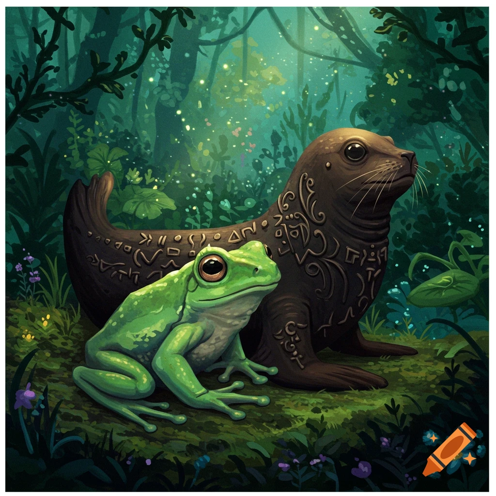 A green frog sits beside a brown, patterned seal-like creature in a ...
