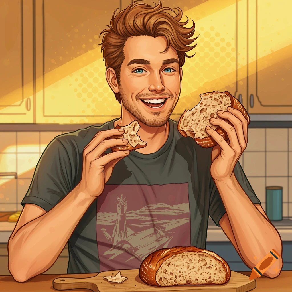 A smiling man is eating sourdough bread in a kitchen on Craiyon