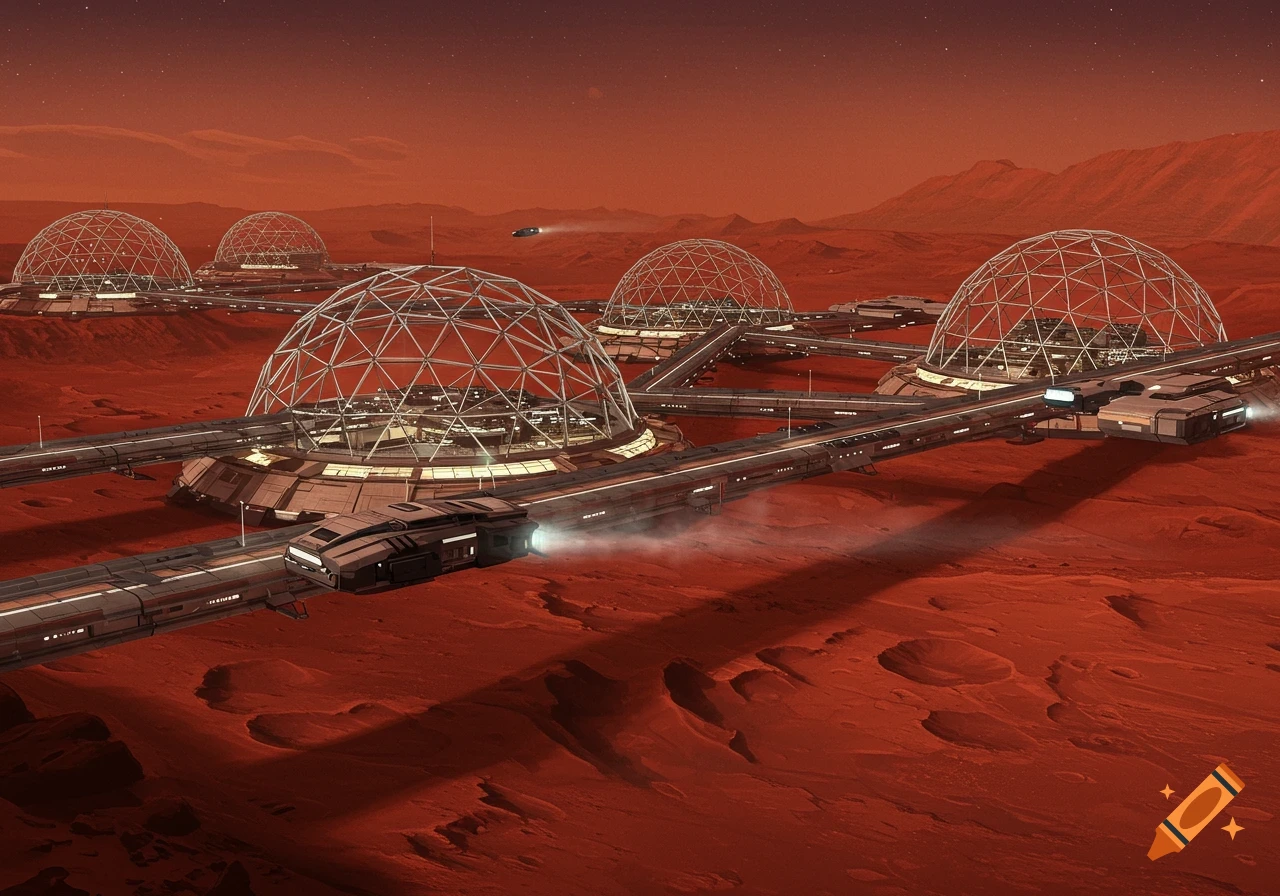 A futuristic building with neon lights stands on the red surface of ...