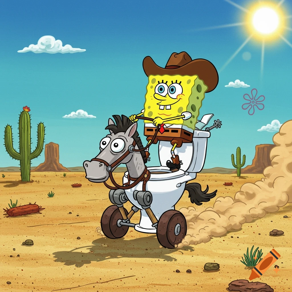 Spongebob on Skibidi toilet horse in wild west on Craiyon