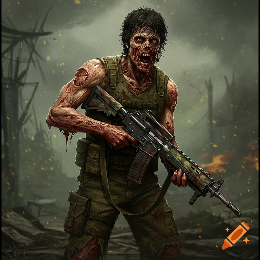 Zombie in sombrero and poncho firing sniper rifle in battle on Craiyon