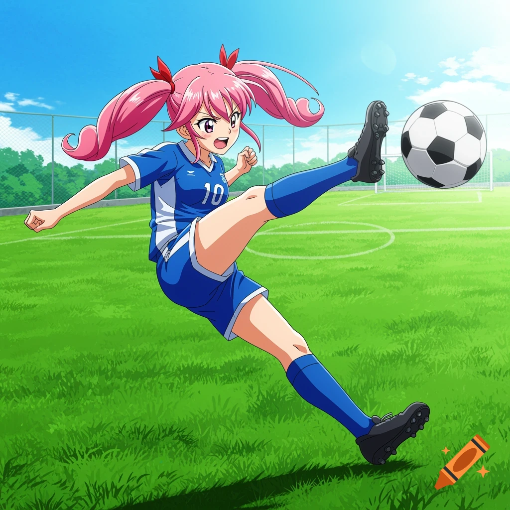 Anime character in a red jacket kicking a soccer ball in a stadium. on ...