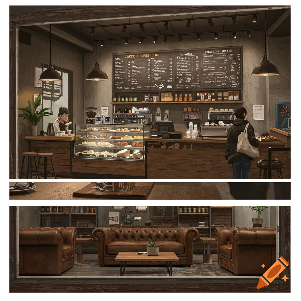Rustic industrial coffee house interior with pastry case, bar, and ...