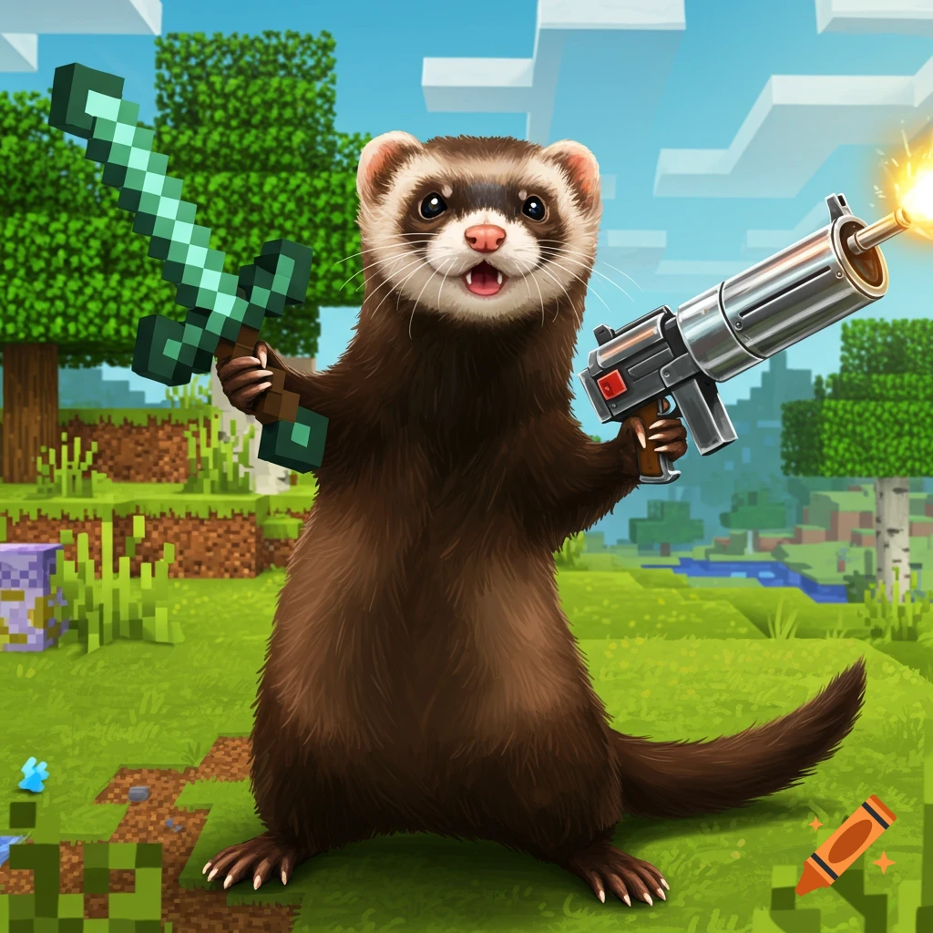 A ferret in a Minecraft world holds a pixelated sword and a machine gun ...