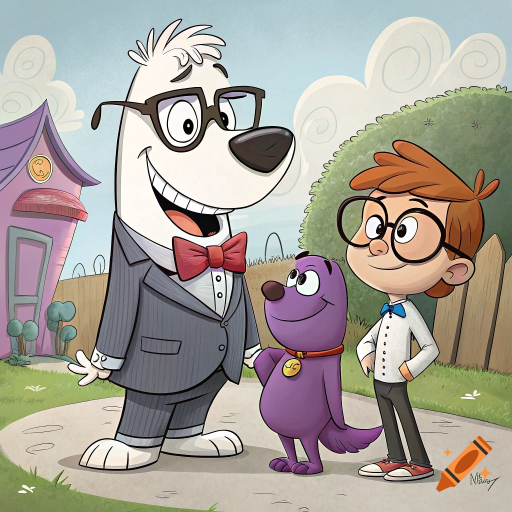 Cartoon of Mr. Peabody, Sherman, and Grimace on Craiyon