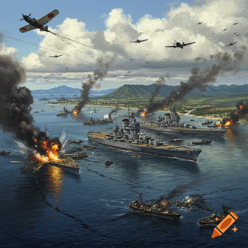 A naval battle in a harbor, with ships exploding, planes attacking, and smoke rising. on Craiyon