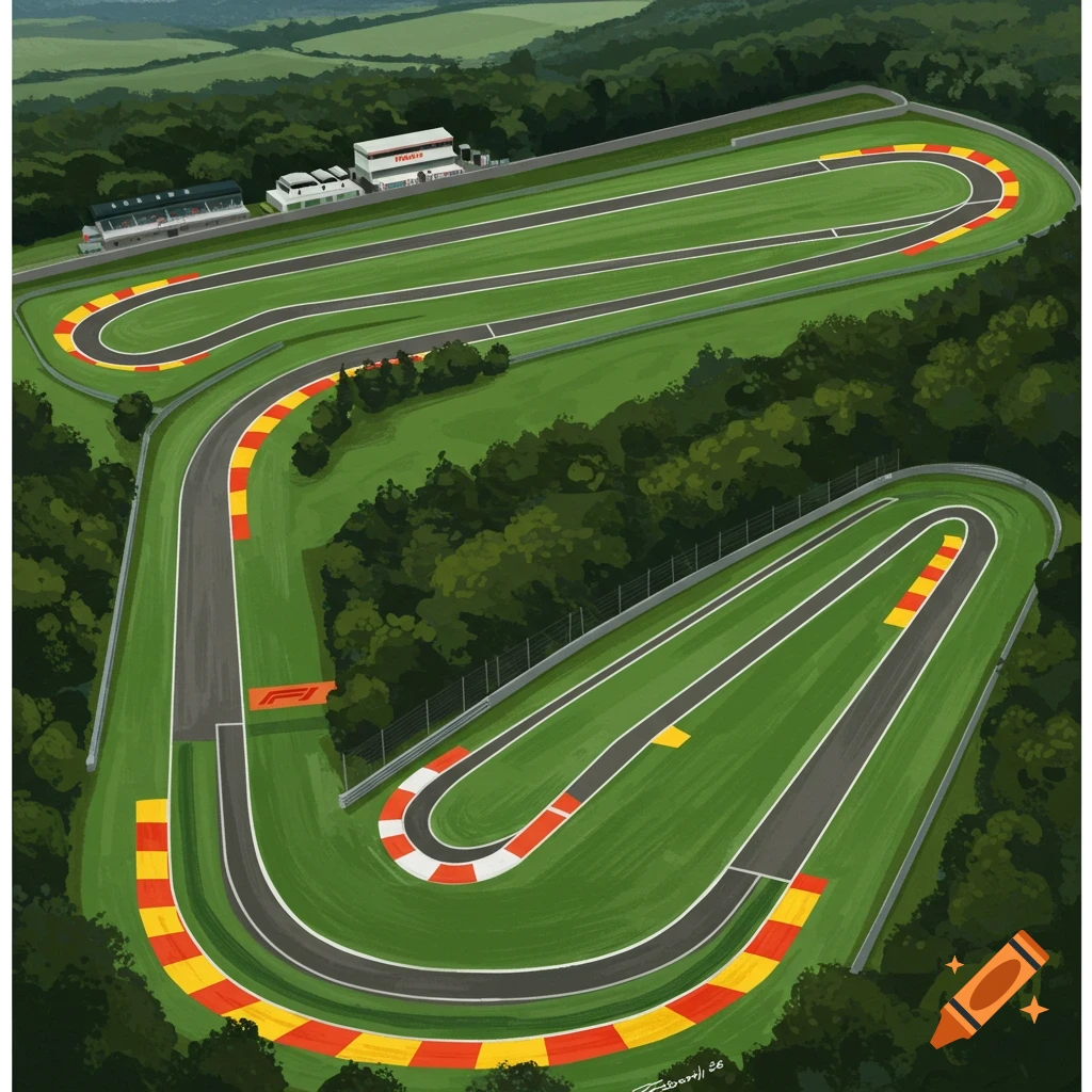 Aerial view of a race track winding through a forest on Craiyon