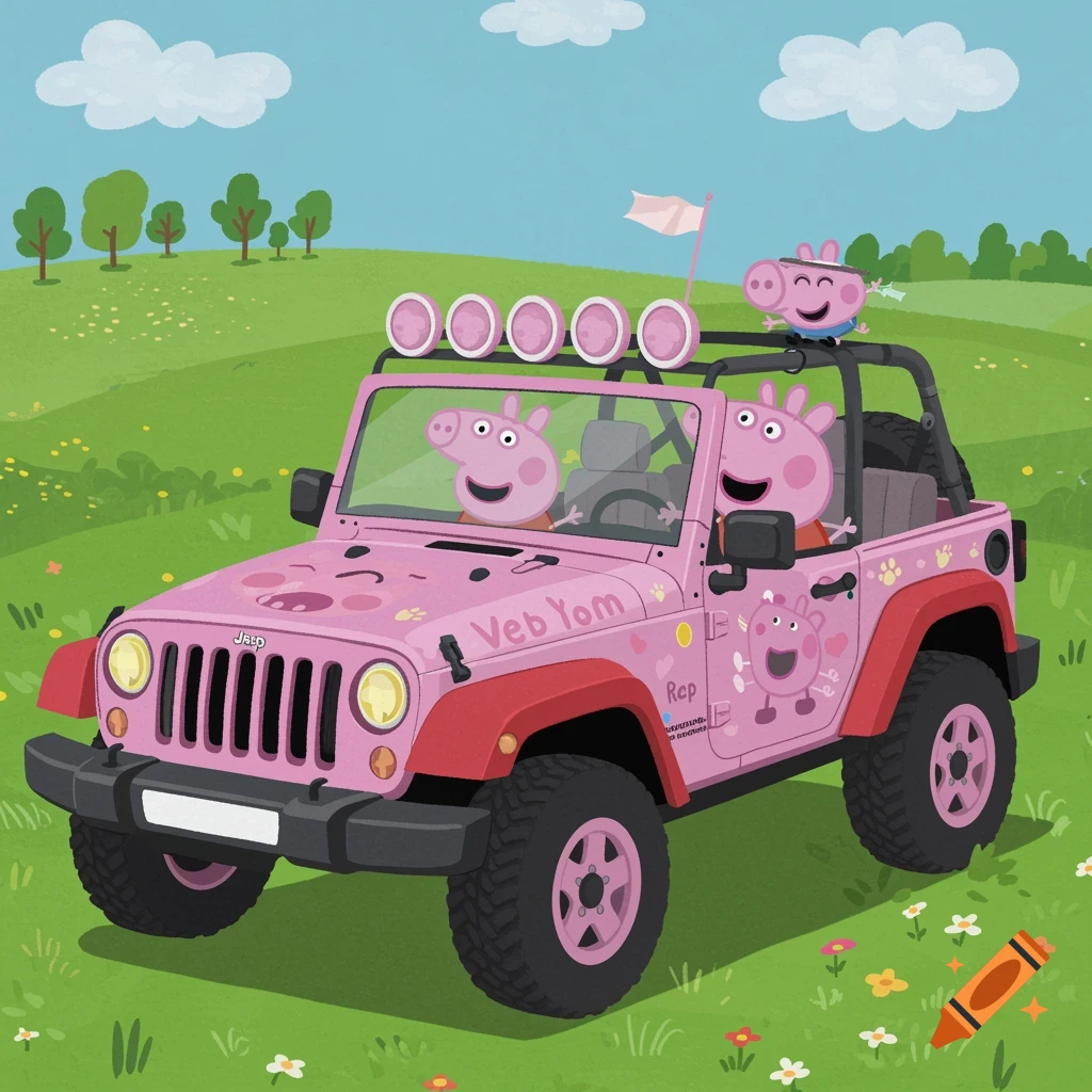 Peppa Pig and George Pig in a pink Jeep in a grassy field, cartoon ...