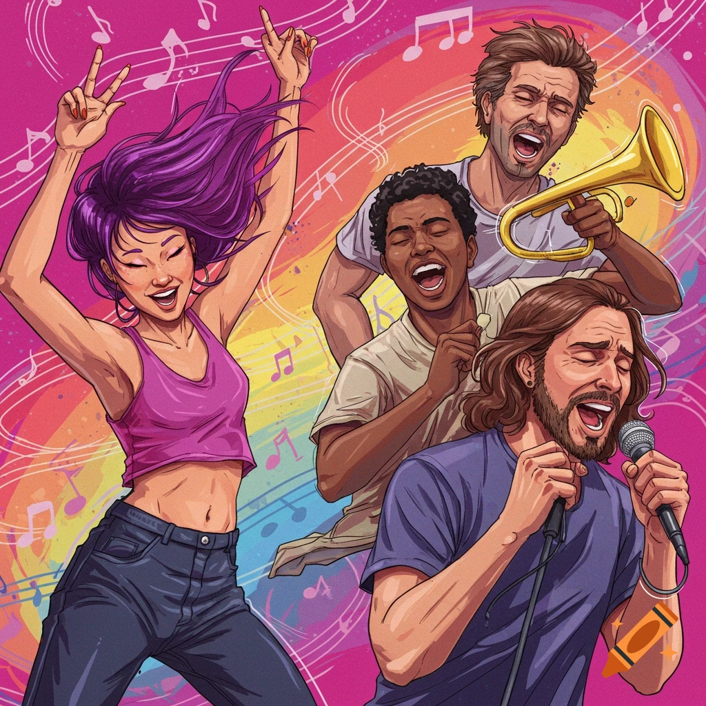 A group of diverse people sing and dance with musical notes and a ...