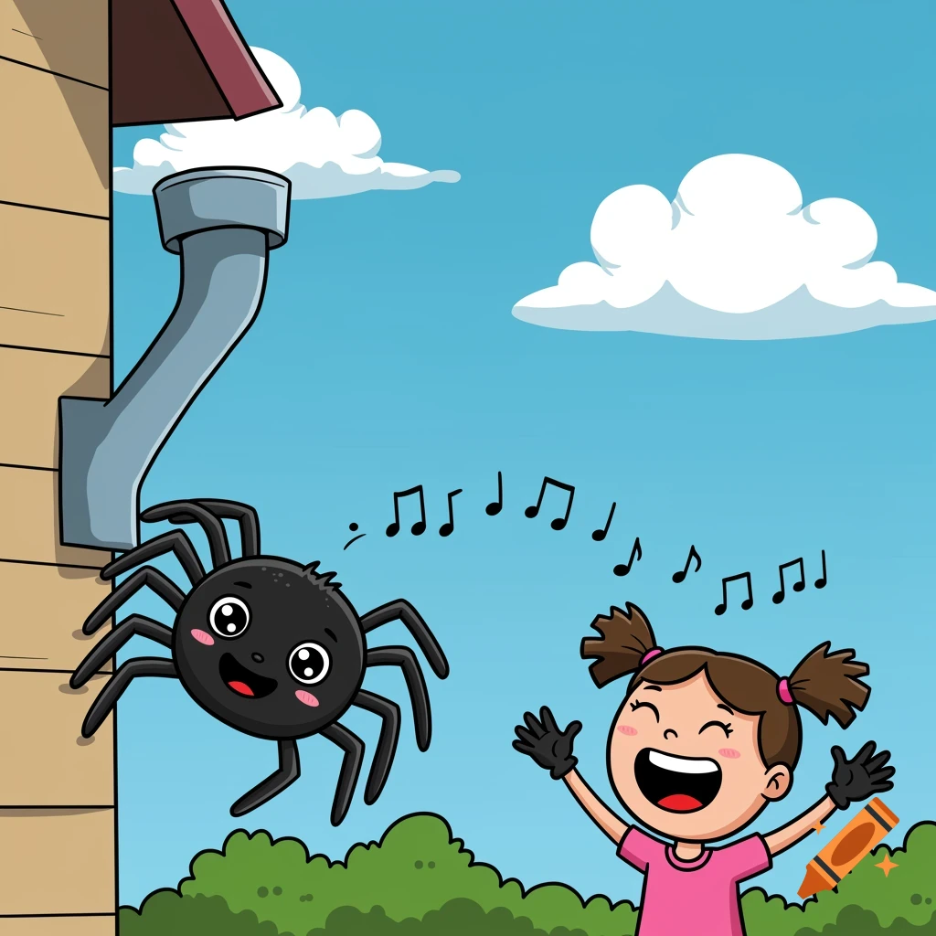 Cartoon black spider on waterspout, girl singing with music notes. on ...