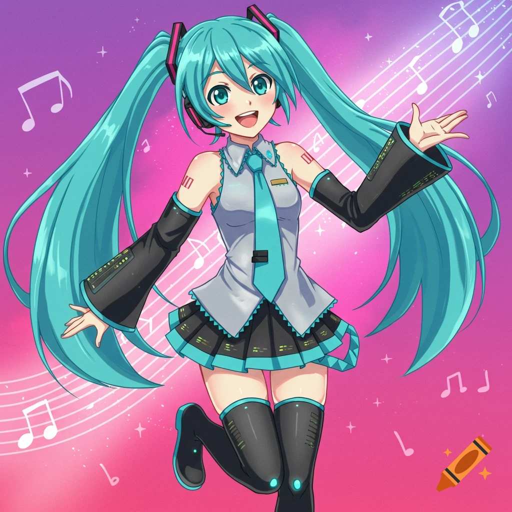 Anime illustration of Hatsune Miku singing into a microphone, making a ...