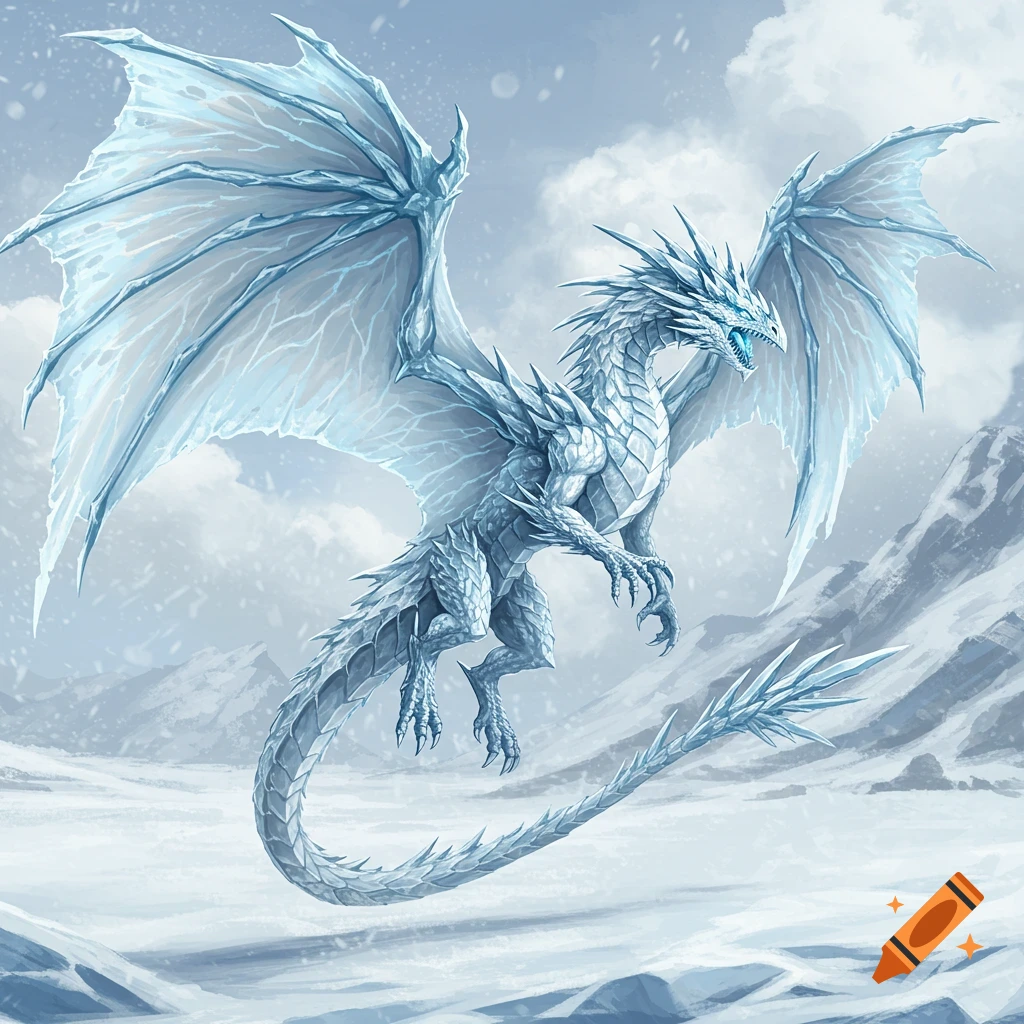 An ice dragon flies over a snowy waterfall in a mountain landscape, digital painting style. on ...