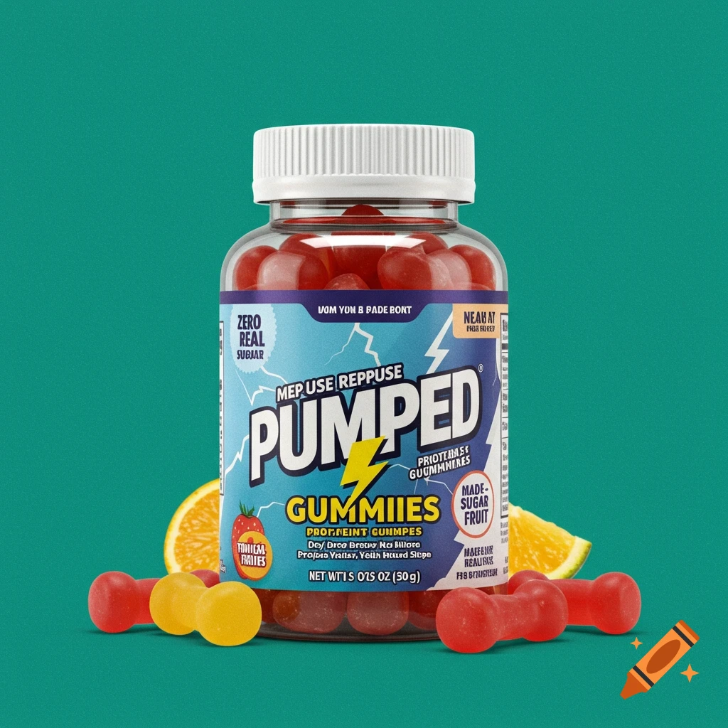 PUMPED protein gummies bottle with lightning strike E, tropical fruit ...