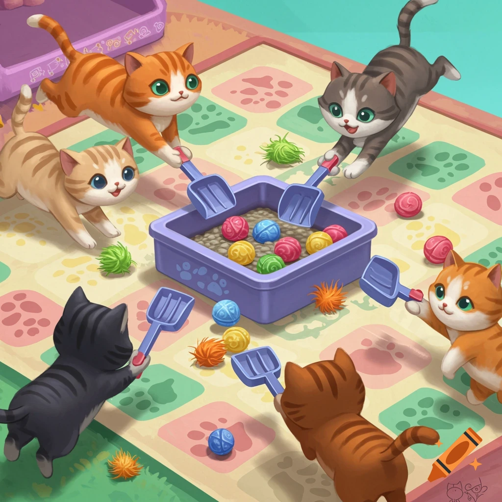 Board game featuring cats, scoopers, and a litter box on Craiyon