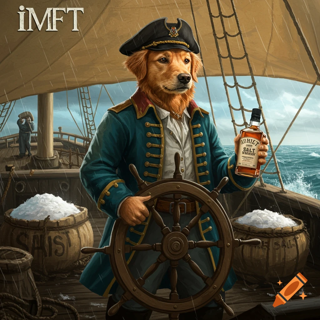 A golden retriever sea captain in a pirate coat steering a ship through ...