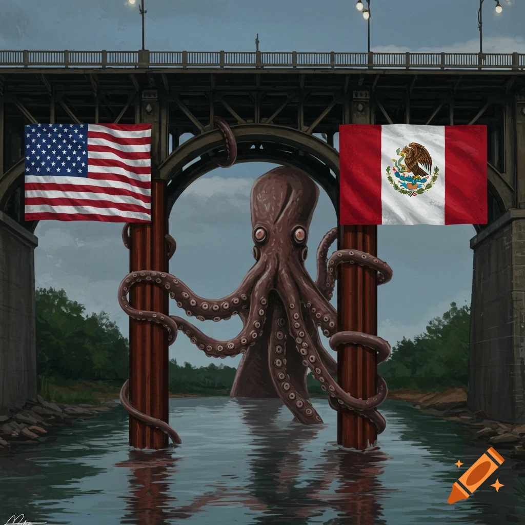 Kraken climbing US-Mexico border bridge with flags on Craiyon