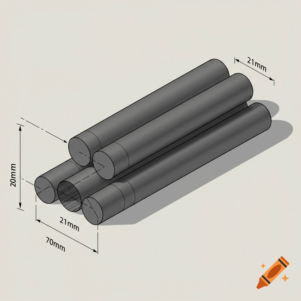 Isometric view of seven cylinders on Craiyon