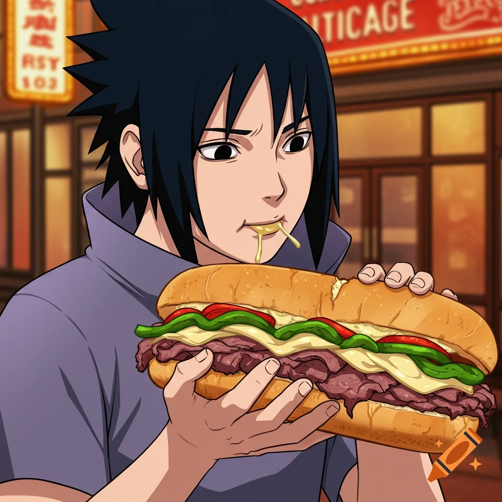 Sasuke from Naruto Shippuden eating an Italian beef sandwich on Craiyon