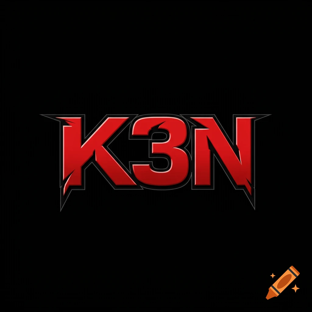 Stylized K3N logo in white outline with red accents on a black ...
