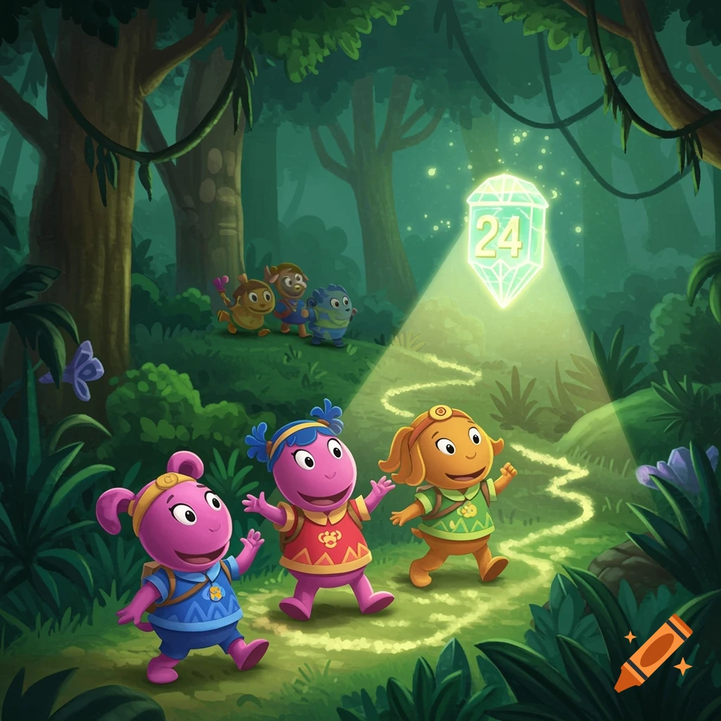 Cartoon characters resembling Backyardigans walk towards a glowing ...
