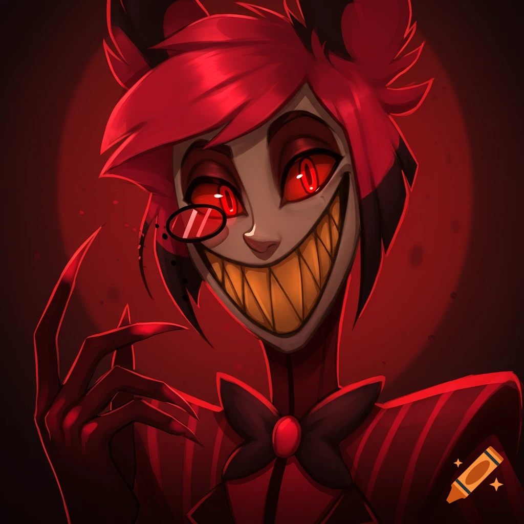 A stylized image of a character with long red hair, sharp teeth, and ...