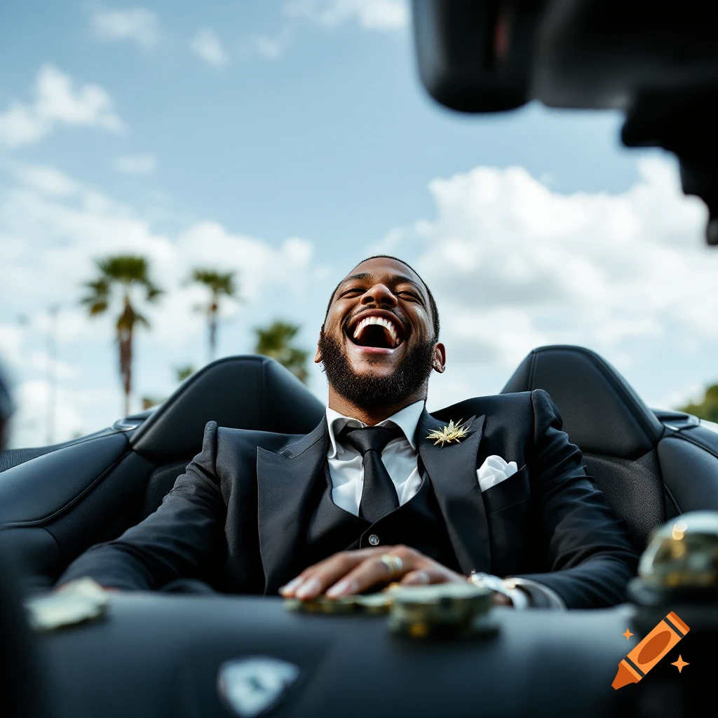 A man in a suit is laughing exuberantly while sitting in a luxury car ...