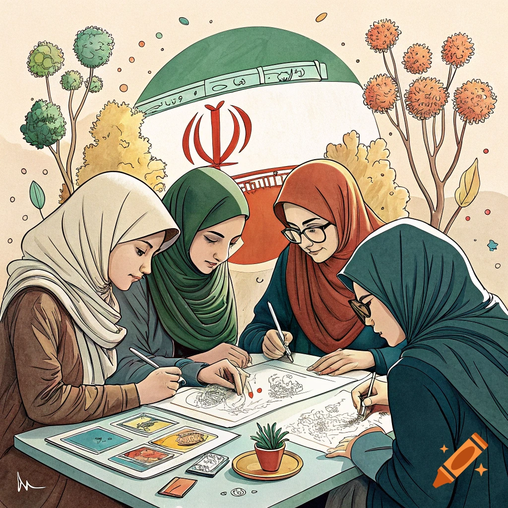 Four women in hijabs sit at a table drawing, with an Iranian symbol in ...
