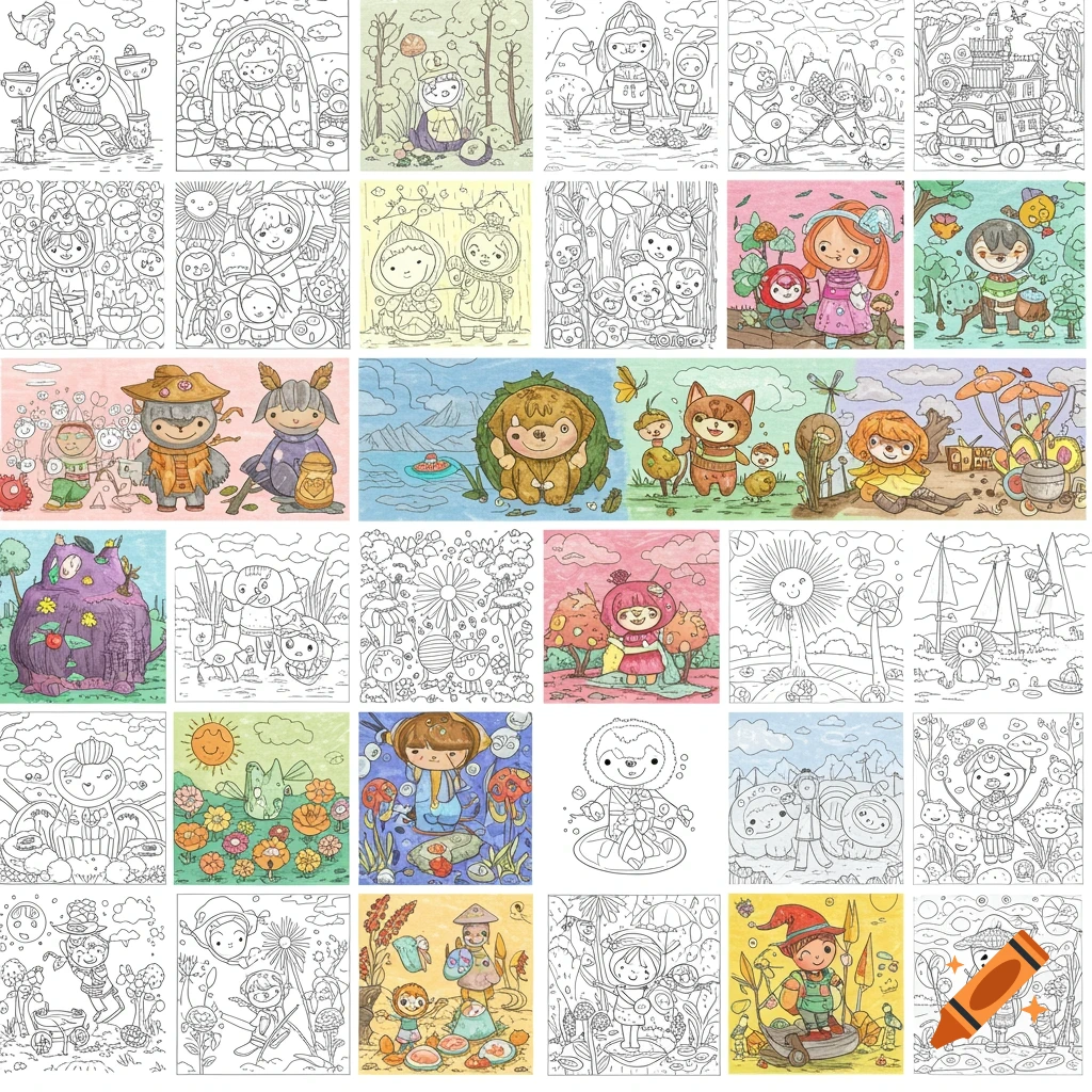 Grid of 40 unique coloring page illustrations featuring cute characters ...