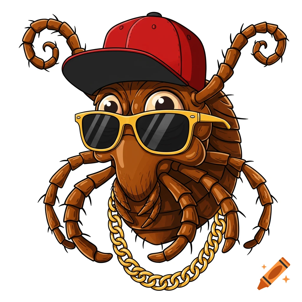 Cartoon flea wearing a red baseball cap, sunglasses, and a gold chain ...