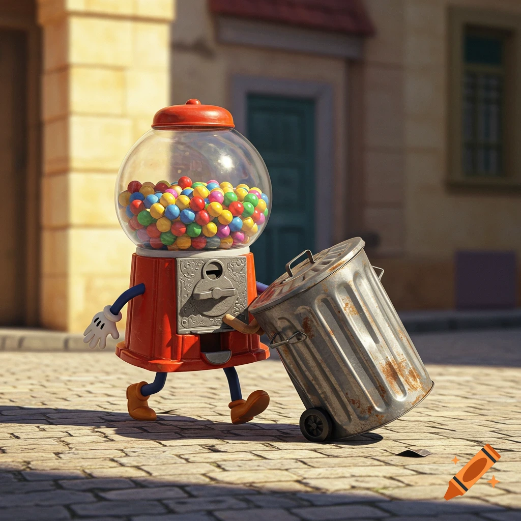 A cheerful red gumball machine character pushes a wheeled metal trash ...