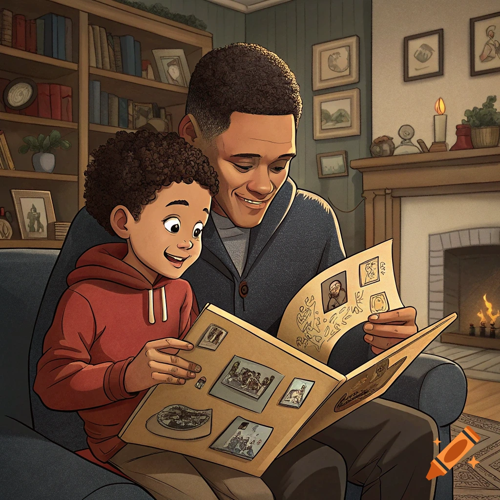 Trevor Noah with his father looking at a scrapbook, cartoon style on ...